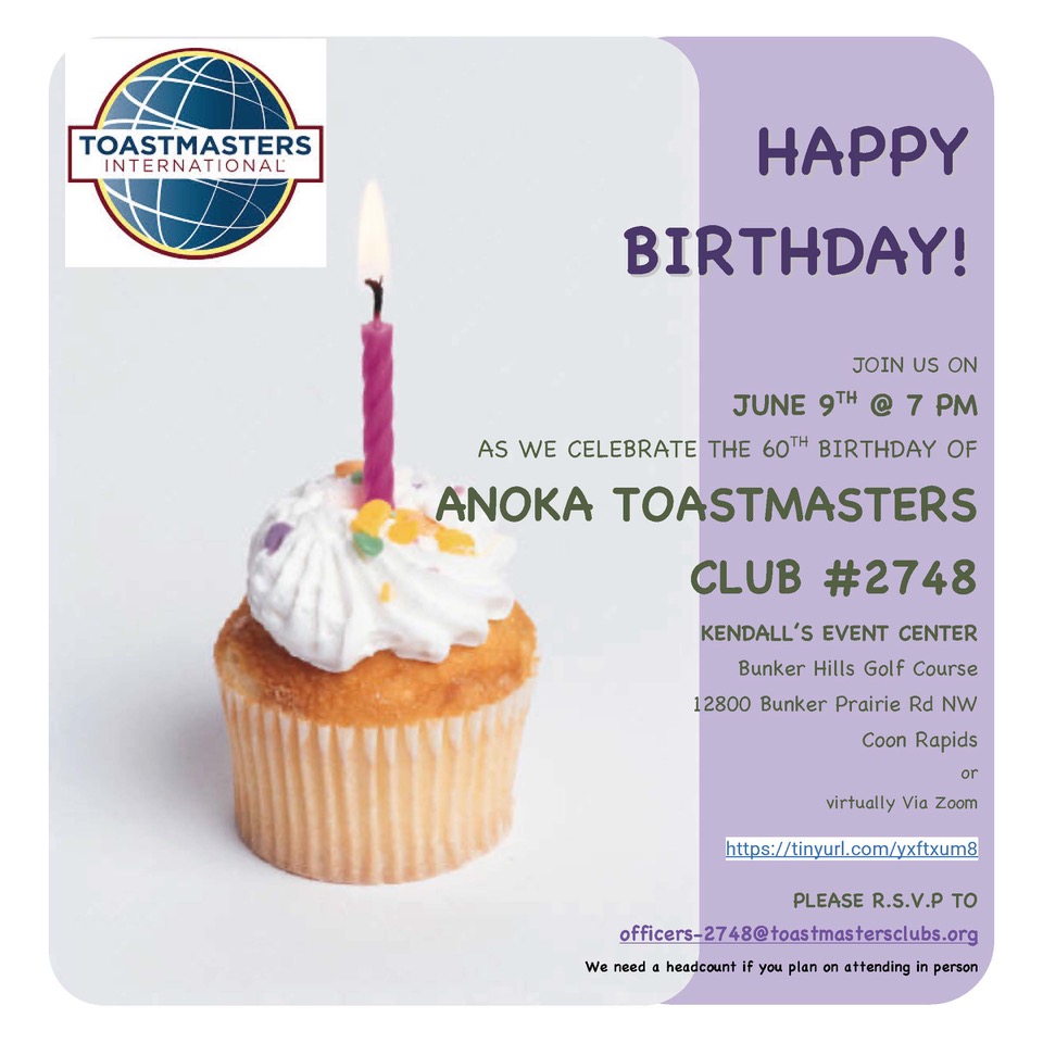 Anoka Toastmasters Club 60th birthday meeting – District 106 Toastmasters